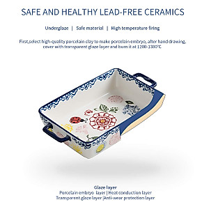 BFU Ceramic Baking Dish Rectangular Bakeware Set Baking Pan, 2-Piece Stoneware Hand-Painted Lasagna Pan for Cooking, Cake dinner (Blue, 10.63"L x 7.48"W x 2.28"H)