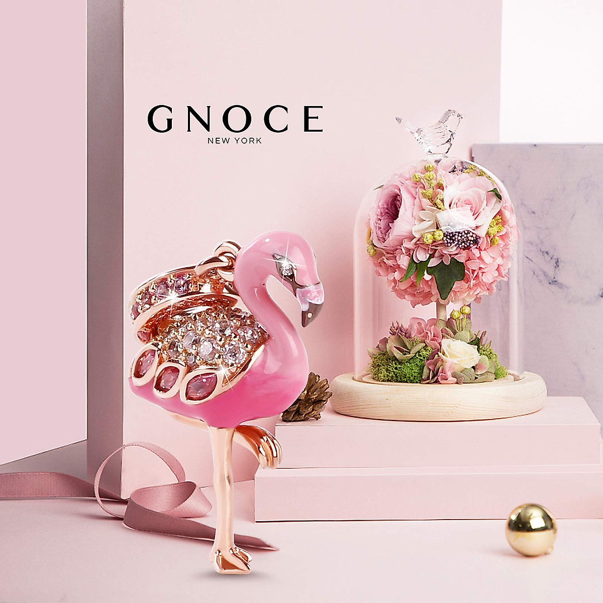 GNOCE Flamingo Dangle Charm 925 Sterling Silver 18K Pink Pendant Charms Bead For Bracelet/Necklace Rose Gold Plated For Women Mother's Day