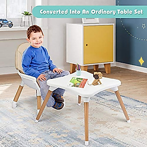 INFANS 5 in 1 Baby High Chair with 5 Point Harness, Detachable Tray, Wipeable Cushion, Converts to Table and Seat Set, Toddler Chair, Booster Seat, Wooden Dining Chair for Infant Kid (Khaki)