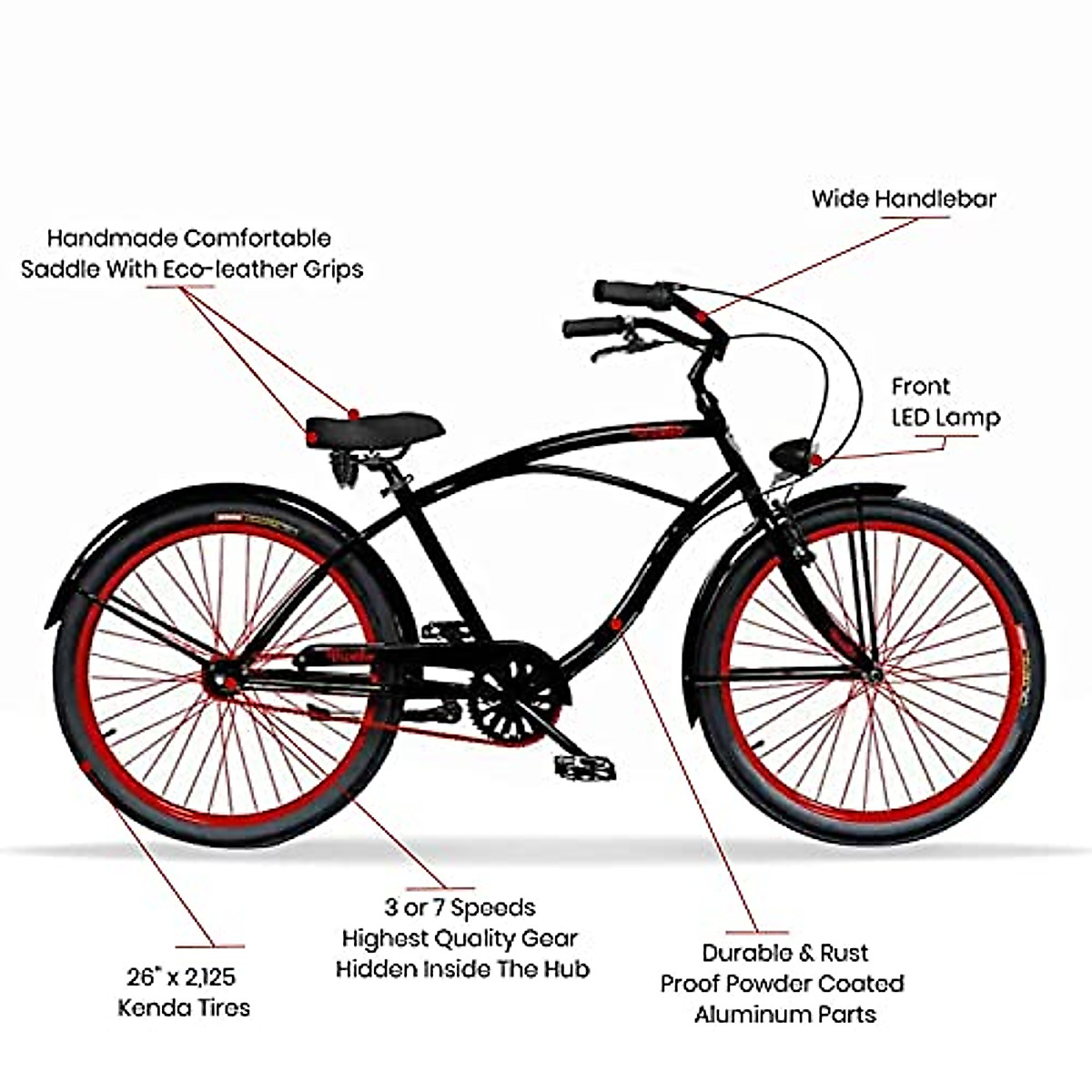 Vivelo Rider Beach Cruiser for Men Complete Bike | Lightweight Aluminium Frame, Coaster Brake, Lights Set, 26-Inch | Adult Bicycle Perfect for City, Outdoors, Terrain, Urban Hills | (3-Speed, Monza)