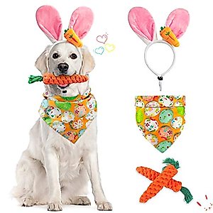 Dorakitten Dog Easter Costumes - Adorable Bunny Ears Headband Cute Dog Bandana Funny Carrot Shape Rope Teeth Cleaning Dog Chew Toys Gifts for Pet Puppy 4 PCS