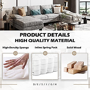 YESHOMY Convertible Sectional U-Shaped Couch with Soft Modern Cotton Chenille Fabric for Living Room, 6 Seats Oversized Sofas with Comfortable Backrest, Grey and White