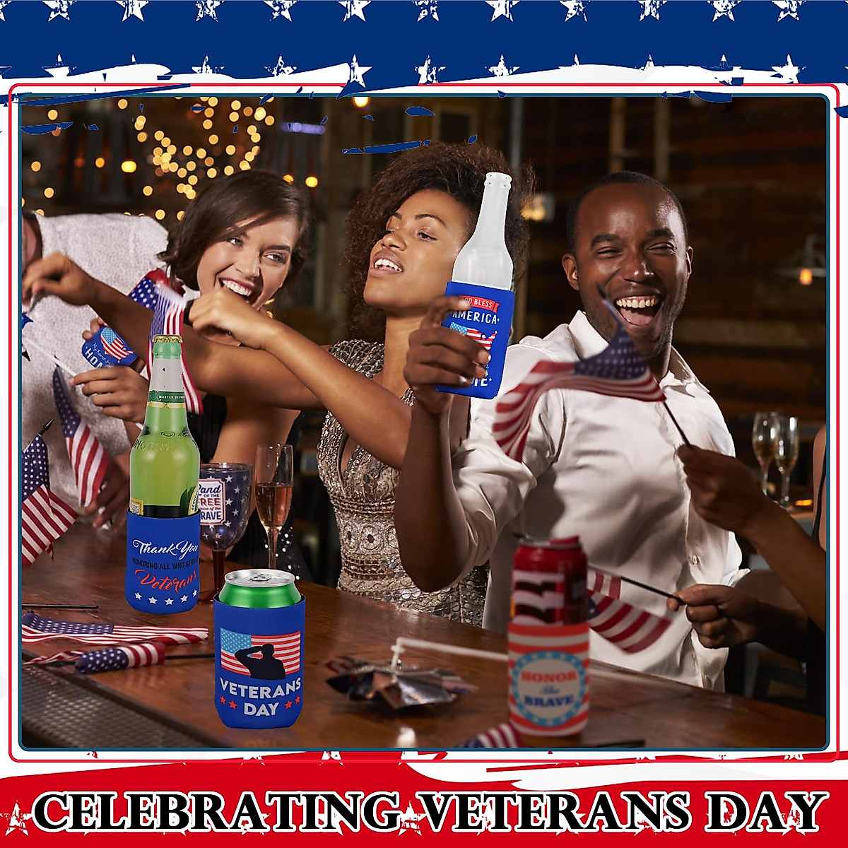 Veterans Day Gifts for Men 24 Pcs American Flag Bottle Cooler Sleeves Gifts for Veterans Collapsible Insulation Cover for Veterans Day Patriotic Home Office Table Party Decorations, 12 oz