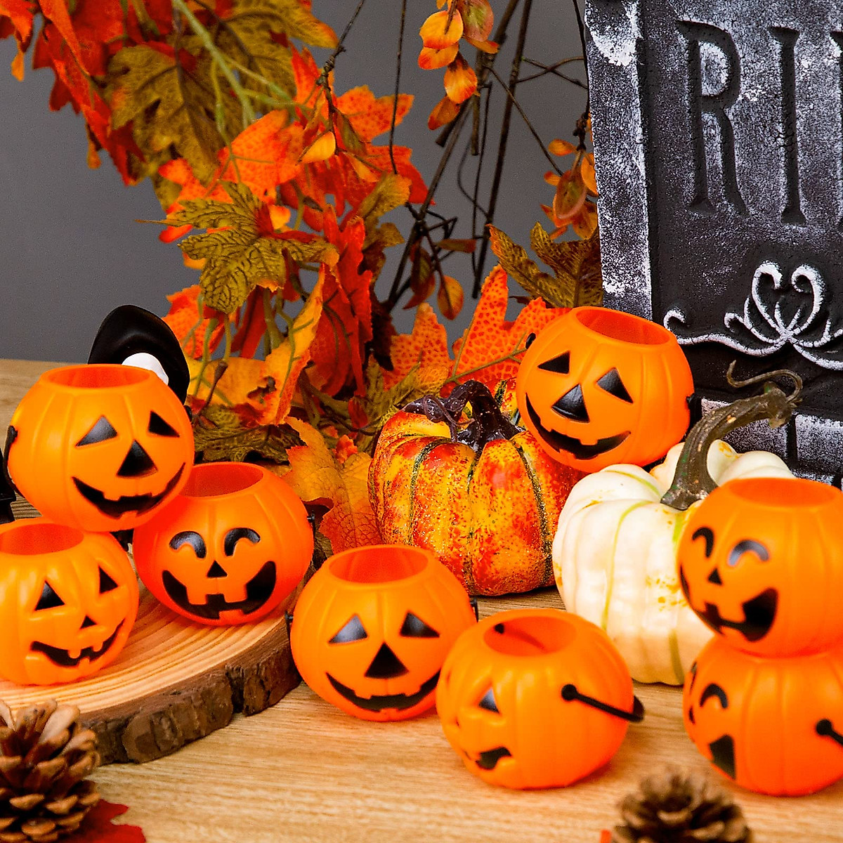 3 otters 12PCS Halloween Pumpkin Buckets, Pumpkin Candy Buckets with Handle Trick or Treat Pumpkin Baskets for Halloween Decorations Candy Bag Fillers Party Supplies