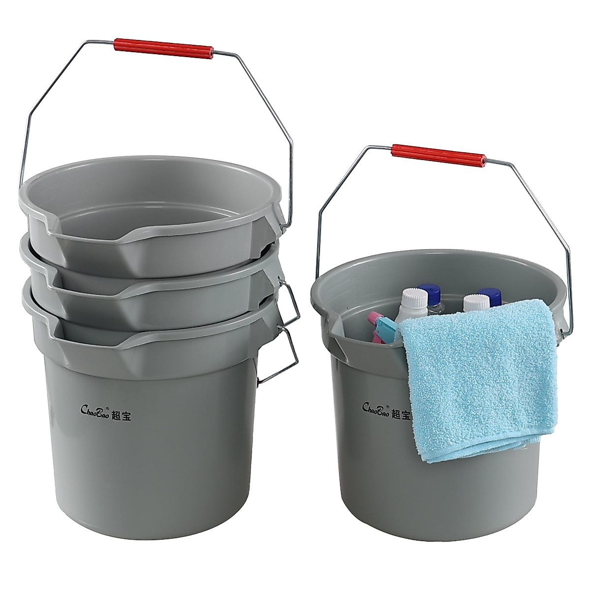 Wakikini 14 Quart Plastic Cleaning Buckets with Handles, Round Commercial Cleaning Pail, Gray, 4 Packs