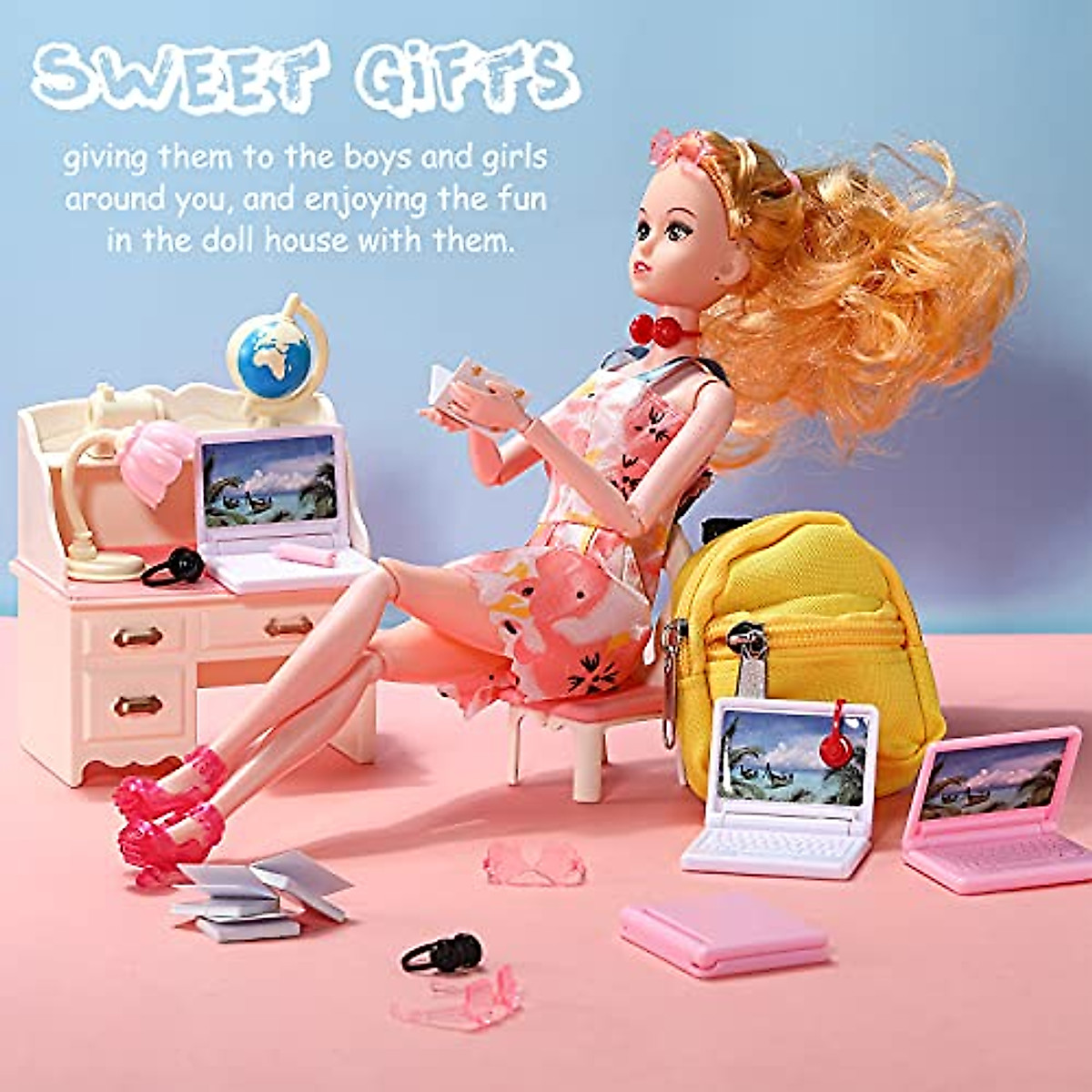 20 Pieces Doll Travel Accessories Include Mini Laptop Scene Simulation Doll Backpack Bag with Zipper Mini Headsets Toy Sunglasses Mini Book for 1/12 1/6 Scale Dolls House Decoration (Elegant Style)
