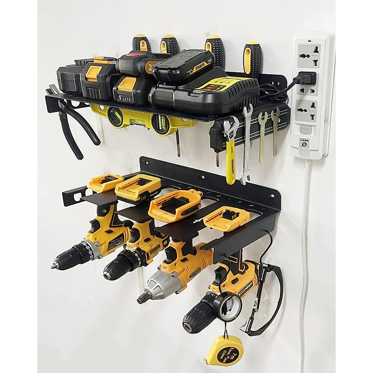 Power Tool Storage Rack, Amoowis Tool Organizer, Metal Shelf Utility Racks, Shelves for Garage Organization and Storage, Pegboard Drill Holder Wall Mount with Magnetic Strip for Screwdriver, Drill Bit