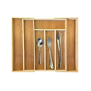 PLASTIFIC Wooden Bamboo Telescopic Cutlery Tray Flatware Utensil Drawer Retractable Tableware Chopsticks Storage Knife Fork Box Drawer Storage Boxes 5-7 Compartments (Bamboo - Sliding Cutlery Tray)