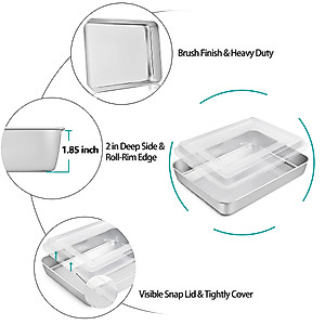 TeamFar Lasagna Pan with Lid, 12⅖’’ x 9¾’’ x 2’’, Stainless Steel Rectangular Baking Cake Pan, Heavy Duty & Non-Toxic, Deep & Visible, Brushed Finish & Dishwasher Safe- (1 Pan+1 Lid)