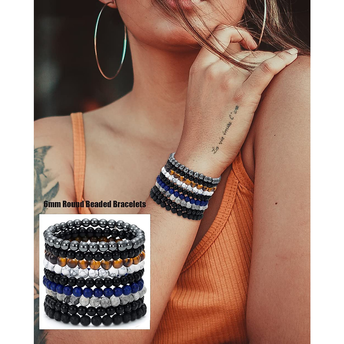 BOMAIL 9pcs Gemstone Beaded Bracelets for Men Women 6mm Round Beads Bracelets Set SemiPrecious Gemstone Beads Bracelets Matte Lava Rock Volcanic Tiger Eye Stone Yoga Healing Energy Crystal Stretch