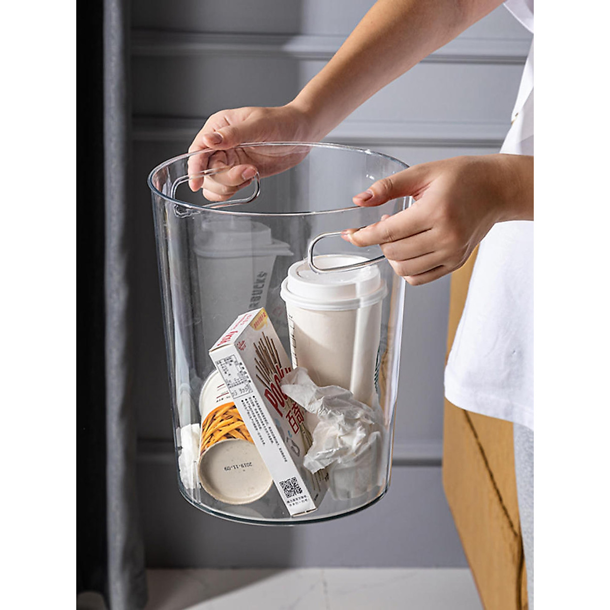 JEIMALEN Transparent Trash can Wastebasket with Handle Plastic Small Cylindrical Garbage Can for Kitchen, Bedroom, Home Office, Craft Room, Dorm Room, Powder Room,Toilet Trash Bin (M)