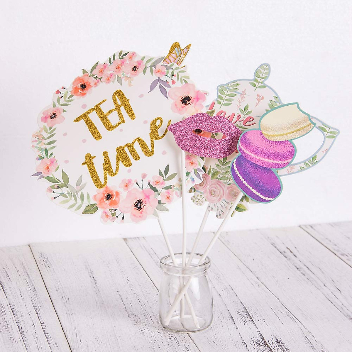 SUNBEAUTY 14 Pcs Tea Party Photo Booth Props Tea Party Decorations Alice in Wonderland Party Supplies Garden Party Bridal Shower for Girls Women