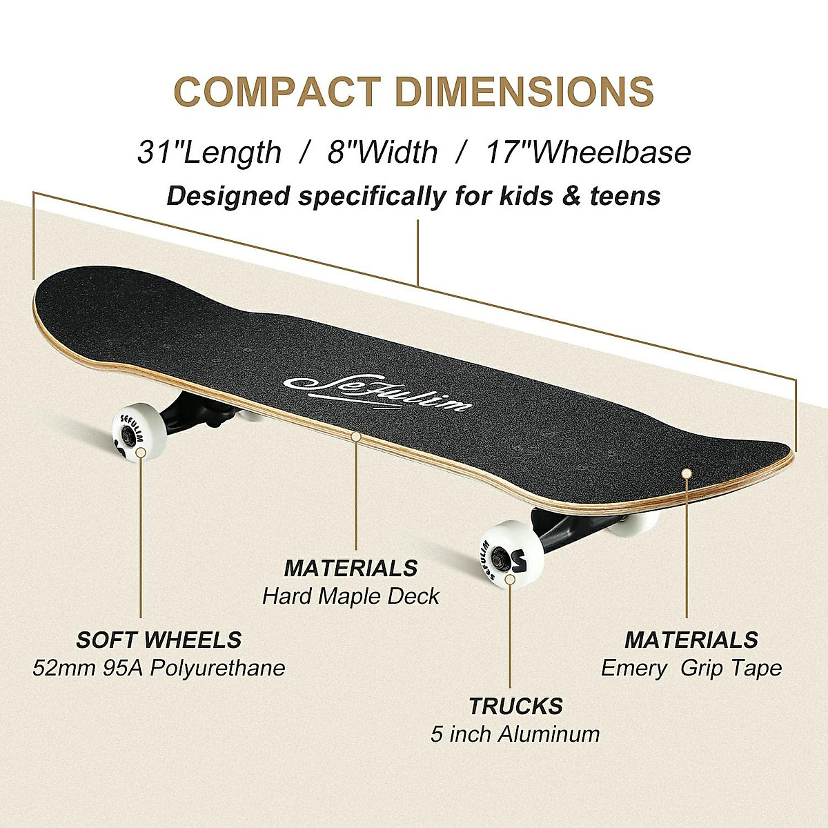 Sefulim Skateboards, 31 x 8 inch Complete Skateboard for Beginners, 8 Layer Canadian Maple Double Kick Deck Concave Cruiser Trick, Light Up Wheel Skateboard for Kids Teens & Adults (Motorcycle)