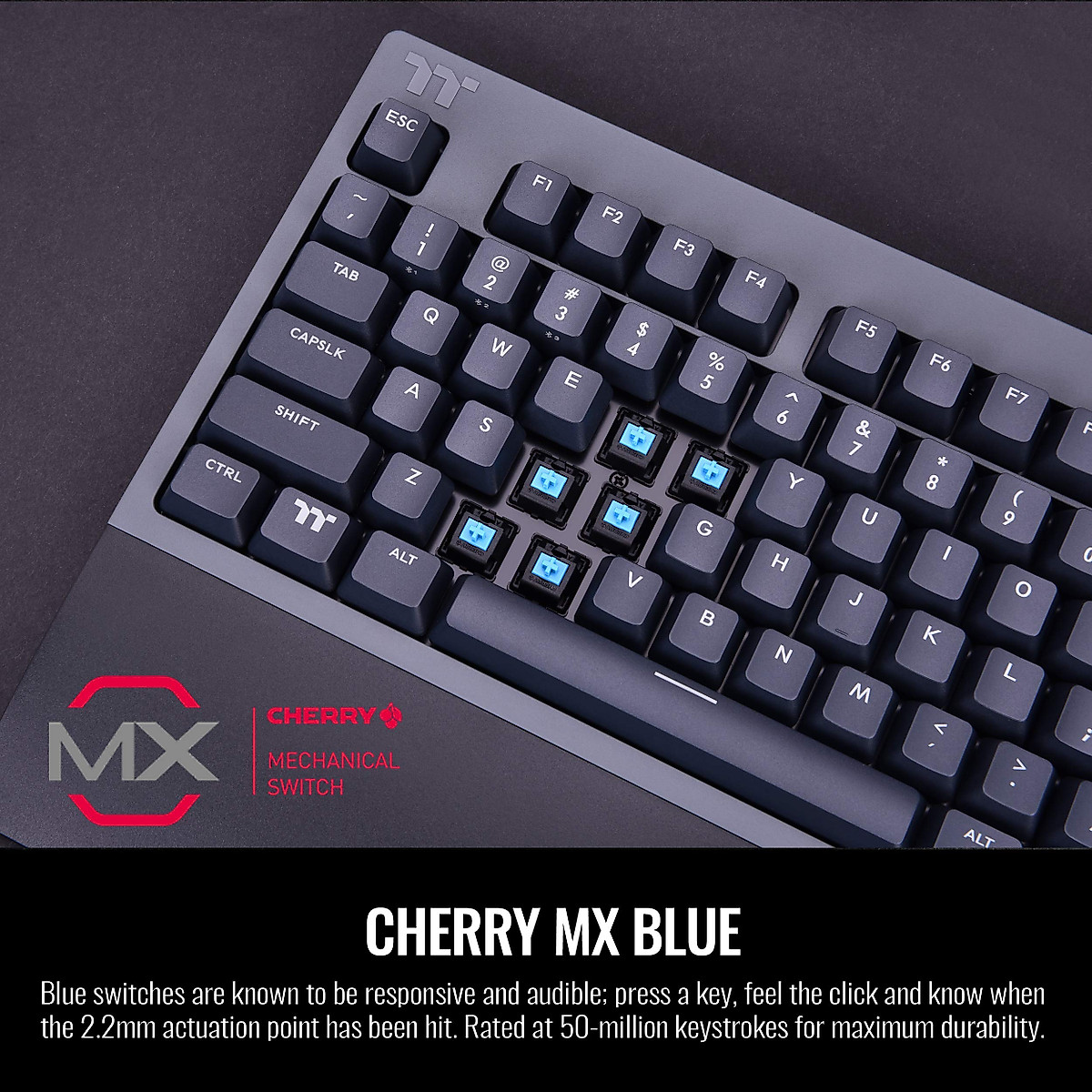 Thermaltake W1 Wireless Gaming Keyboard Cherry MX Blue, 2.4GH per Minute, Bluetooth 4.2, Low Energy Technology, USB Type-C Connection. GKB-WOW-BLSNUS-01,Titanium Gray