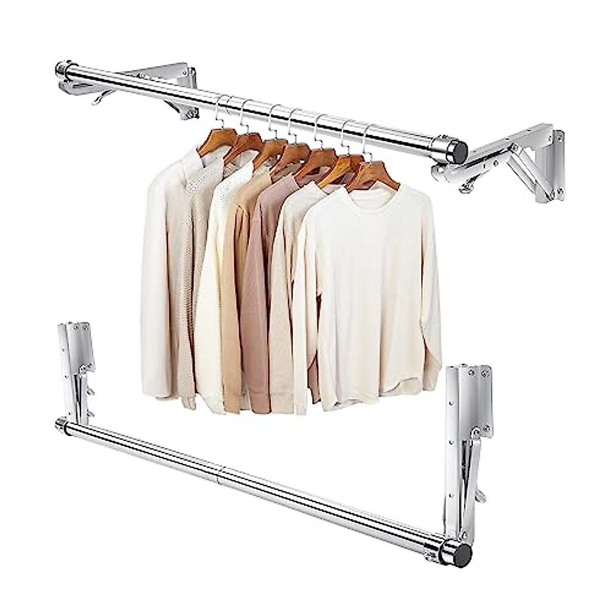 Foldable Wall Mounted Clothes Rack-30'' Long Rod&2 Thick Bases,Stainless Steel,Multi-Purpose for Space-Saving Garment Rack/Clothes Drying Rack/Clothes Hanger,Detachable and Top Shelf Room Reserved