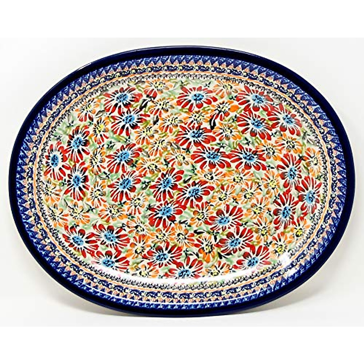 Polish Pottery Large Serving Platter in Floral Garden Pattern painted by Anna Janczyk from Zaklady Boleslawiec, dimensions 13.5" x 11"