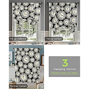 AMZRicher Gold Floral Tie Up Curtains for Window, Black White Clock Minimalist Geometry Thermal Insulted Balloon Shade Adjustable Rod Pocket Curtains Valance Panels for Kitchen Bathroom Café 46 x 63