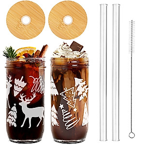 ANOTION Useful White Elephant Gifts for Adults Holiday 24oz Christmas Mugs Mason Jars Glass Cups with Lid and Straw Tumbler Drinking Glasses Coffee Cups Cookie Jar Glassware Gift for Women Men Mom