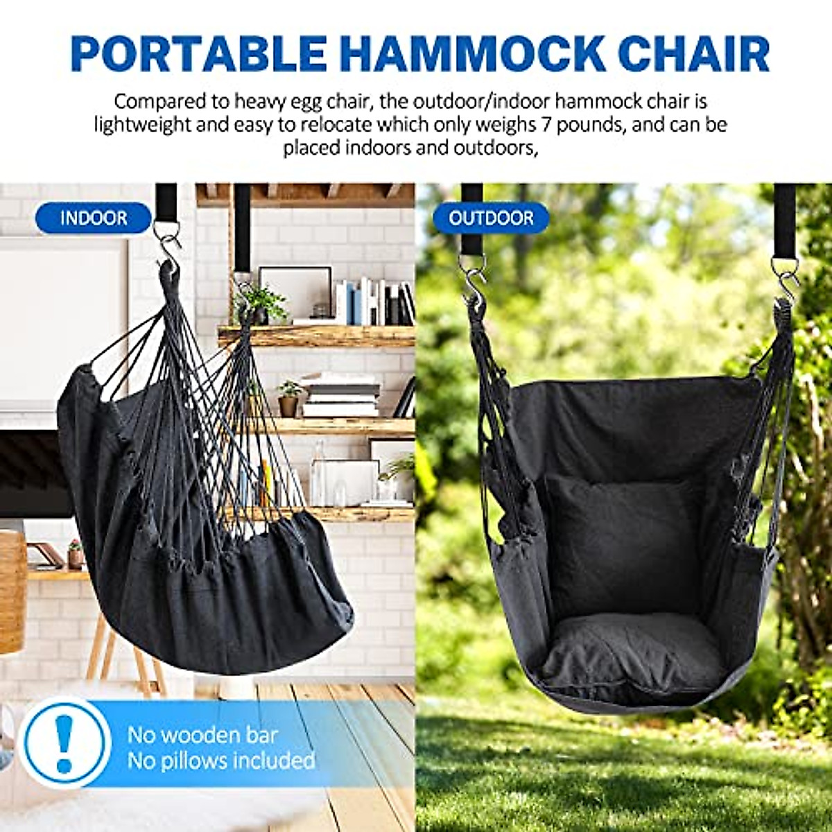 KPX Ourdoor Hanging Hammock Chair – Comfortable Tree Swing Chair Large Size 110X130cm （Without Pillows）- 330 Lbs Weight Capacity (Dark Gray)