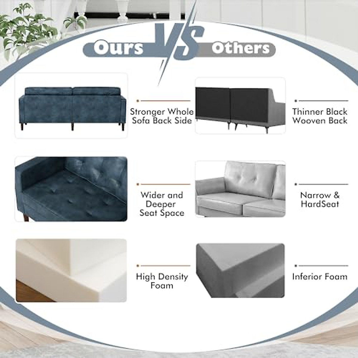 Lesofair 80" Faux Leather 2-seat Sofa with 2 Bolster Pillows, Tufted Loveseat with Wooden Legs, Modern Couch Suitable for Living Room, Office, Blue