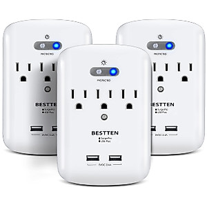 BESTTEN [3 Pack] USB Wall Outlet Surge Protector, 2.4A Dual USB Ports, 3 AC Outlets, 900 Joule Surge Suppression Rating, LED Night Light, ETL Listed