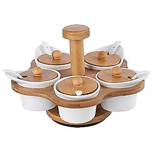 Ceramic Condiment Jar Pots 5 pcs Set durable Round Shape Seasoning Jar with Holder,Spoon and Bamboo Lids for Home Kitchen