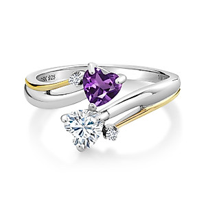 925 Silver and 10K Yellow Gold Purple Amethyst White Moissanite and White Lab Grown Diamond 2 Heart Promise Couple Engagement Mother Ring (0.94 Cttw, Birthstone, Available In Size 5, 6, 7, 8, 9)