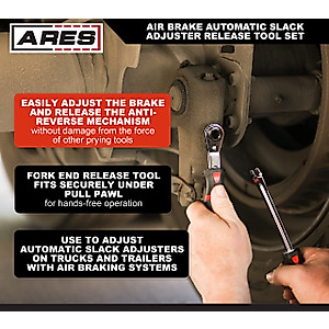 ARES 18070 – 2-Piece Automatic Slack Adjuster Release Tool and Wrench – Fork End Release Tool and Double Square Ratcheting Wrench for Air Brake System Adjustments – Carbon Steel Construction