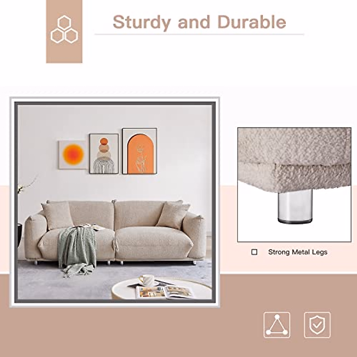 Hommoo Mid Century Modern Couch for Living Room Bedroom Soft Loveseat Sofa Boucle Sofa with Metal Legs Comfy Couch 87" W Small Couch for Small Space with Pillows Camel