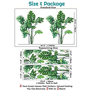 Monstera Leaf Wall Decals 2 PCS Palm Leaves Wall Stickers for Living Room, Green Tropical Plants Wall Decor Posters Vibrant Jungle Leaves Wallpaper for Bedroom Nursery