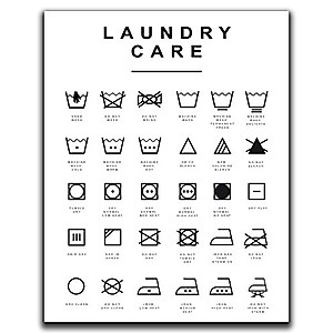 Laundry Room Decor - 11x14" UNFRAMED Print - Black And White Minimalist, Scandinavian, Modern, Typography Wall Print - Guide To Laundry Care Symbols - White Wall Art