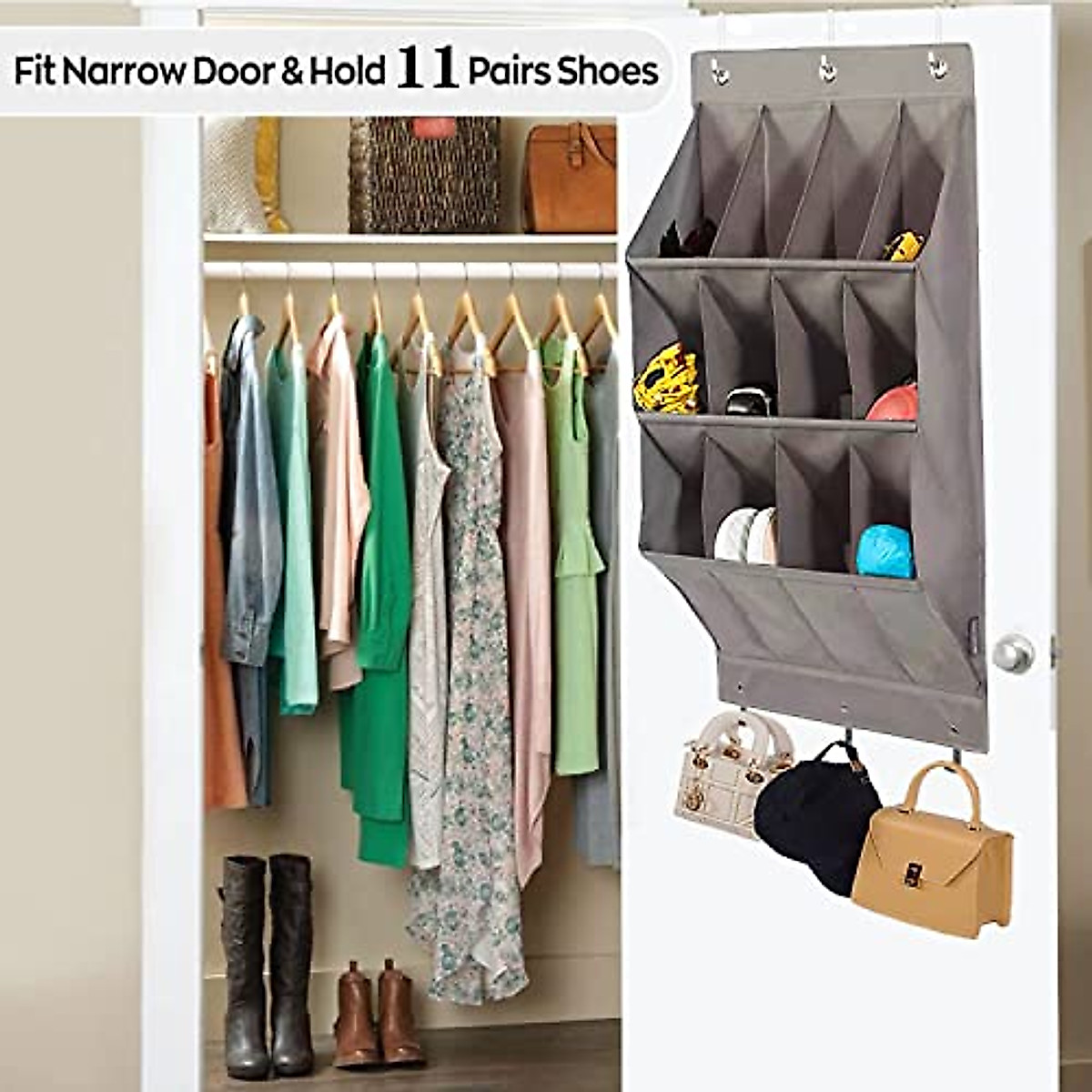 NELLHOMY Over the Door Shoe Organizer, 2 Pack Hanging Shoe Storage Rack with Large Deep Pockets, Grey Shoe Storage Rack with 6 hook for Shoes, Slipper,Home Accessories etc