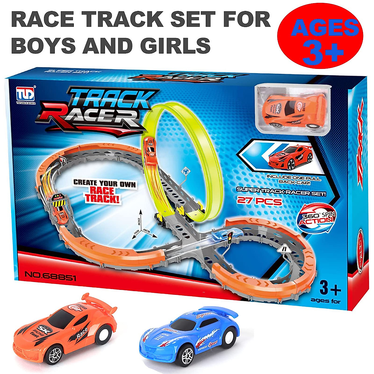 Race Car Track Set, Assembled Car Track Toys with 27 Pcs Building Kits, 2 High Speed Race Cars, 360° Loop X-type Crossing Track for Kids 3+ Ages Birthday (A Race Car Set)