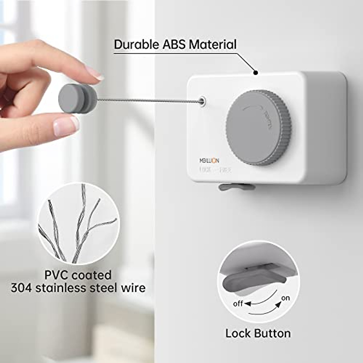 Mbillion Retractable Clothesline Heavy Duty Clothes Drying Laundry Line for Indoor Outdoor Retracting Hanging Clothing Drying with Retract Rotating Knob to Prevent Sagging White