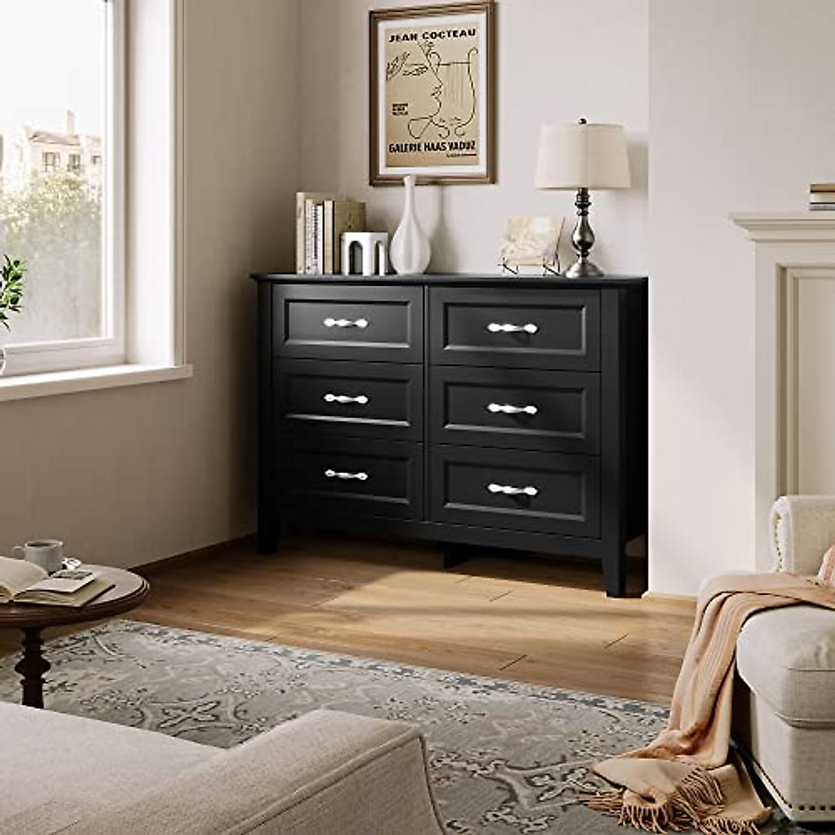 LINSY HOME Dresser for Bedroom, 6 Drawer Dresser with Metal Handles, Black Chest of Drawers for Living Room, Entryway and Hallway
