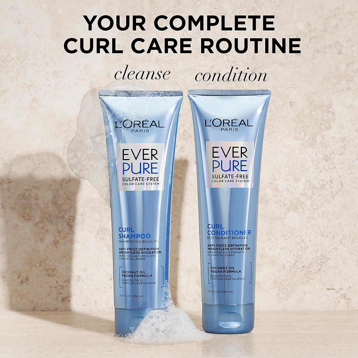 L'Oreal Paris Sulfate Free Shampoo for Curly Hair, Lightweight, Anti-Frizz Hair Care with Coconut Oil, EverPure, 8.5 Fl Oz (Packaging May Vary)