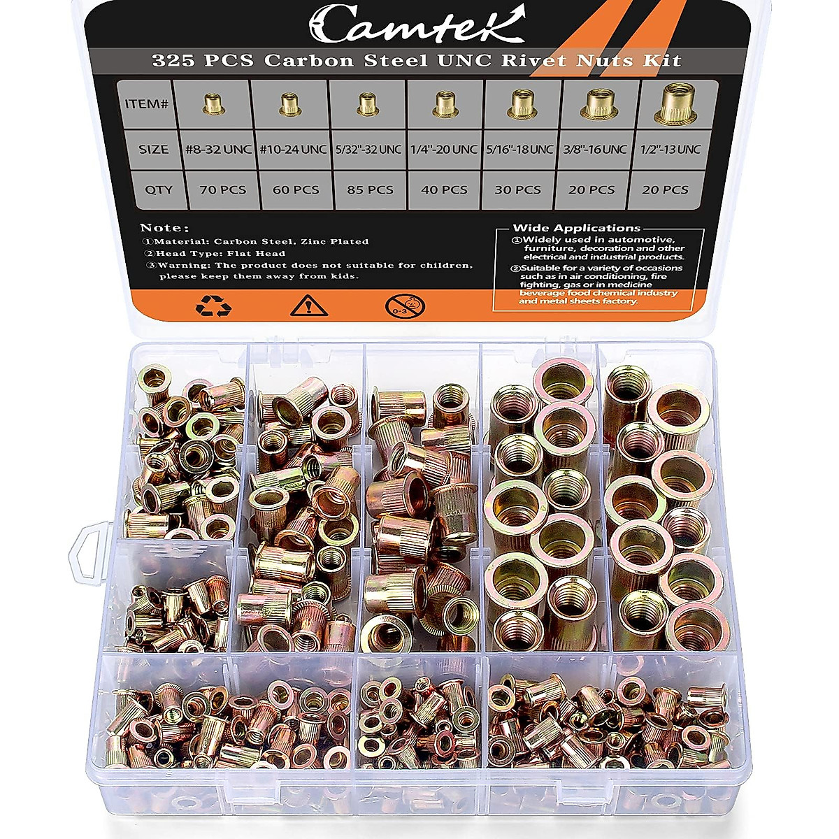 Camtek 325PCS Rivet Nut Kit, #8-32#10-24 5/32"-32UNC 1/4''-20UNC 5/16''-18UNC 3/8''-16UNC 1/2"-13UNC Zinc Plated Carbon Steel Flat Head Rivnut Threaded Insert Rivet Nuts Assortment Set