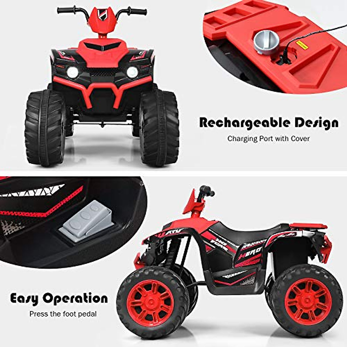 Costzon Kids ATV, 12V Battery Powered Electric Vehicle w/LED Lights, High & Low Speed, Horn, Music, USB, Treaded Tires, Ride on Car 4 Wheeler Quad for Boys & Girls Gift, Ride on ATV (Red)