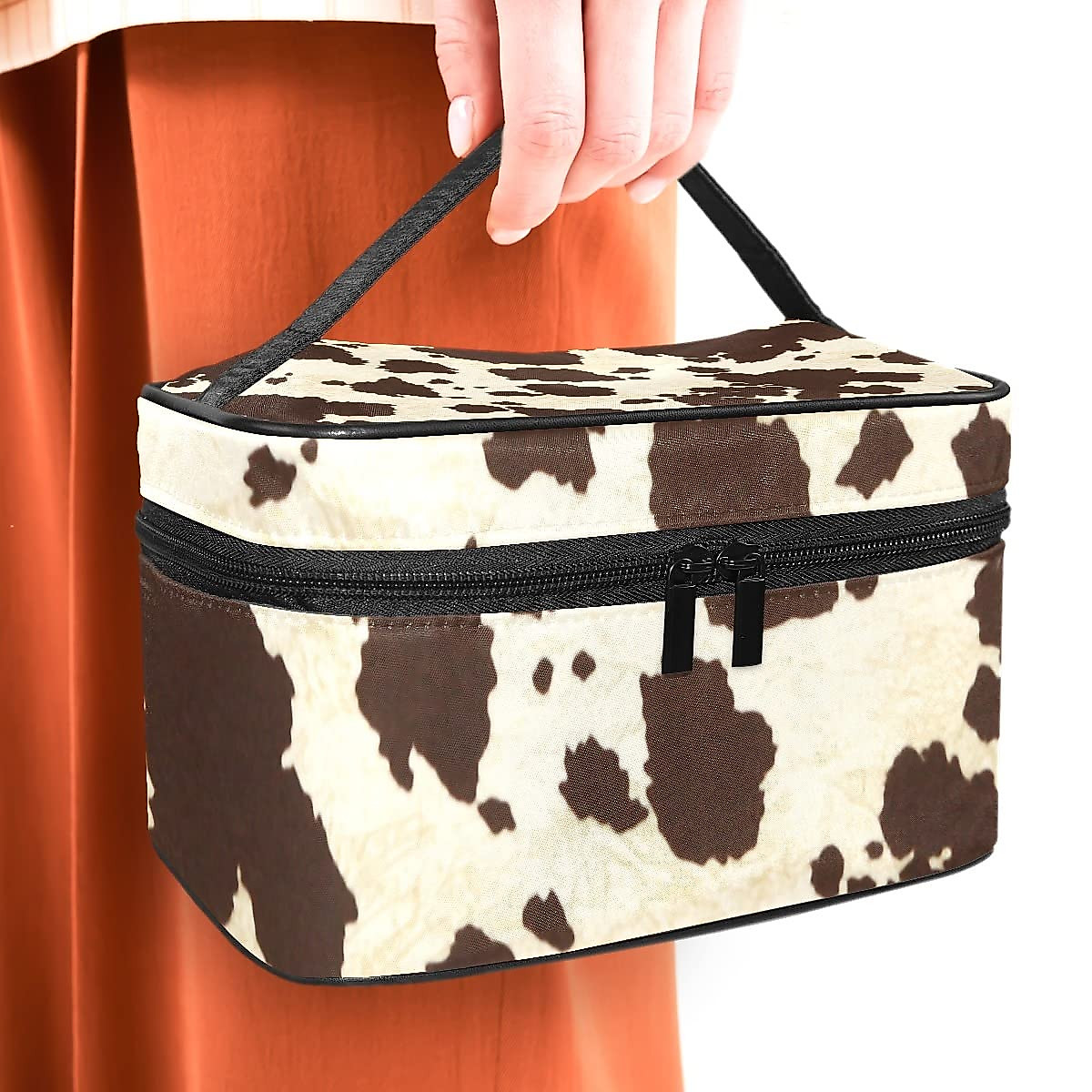 Women Large Professional Travel Makeup Bag Pouch with Big Cow Fur Print Pattern Print,Portable Train Cosmetic Case Organizer for Cosmetics Makeup Brushes Toiletry Jewelry Digital Accessories