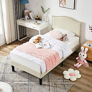 VECELO Twin Bed Frame Platform Bed Frame with Upholstered Headboard, Strong Frame and Wooden Slats Support, Strong Weight Capacity, Non-Slip and Noise-Free, Easy Assembly,Beige