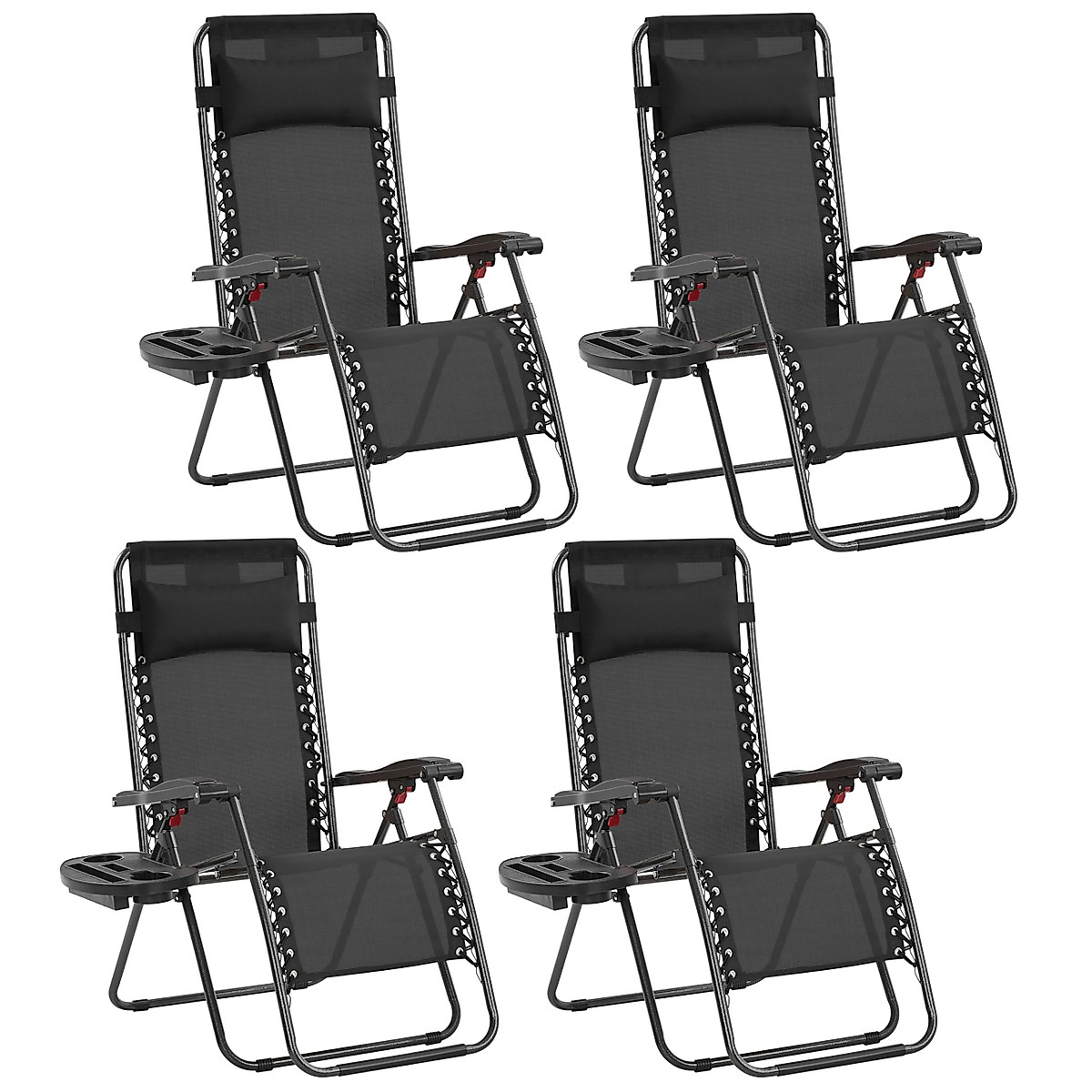 Yaheetech Zero Gravity Recliners Outdoor Adjustable Folding Reclining Lounge Chairs w/Pillows, Cup Holder Trays and Carry Strap for Patio Backyard Beach Black Set of 4