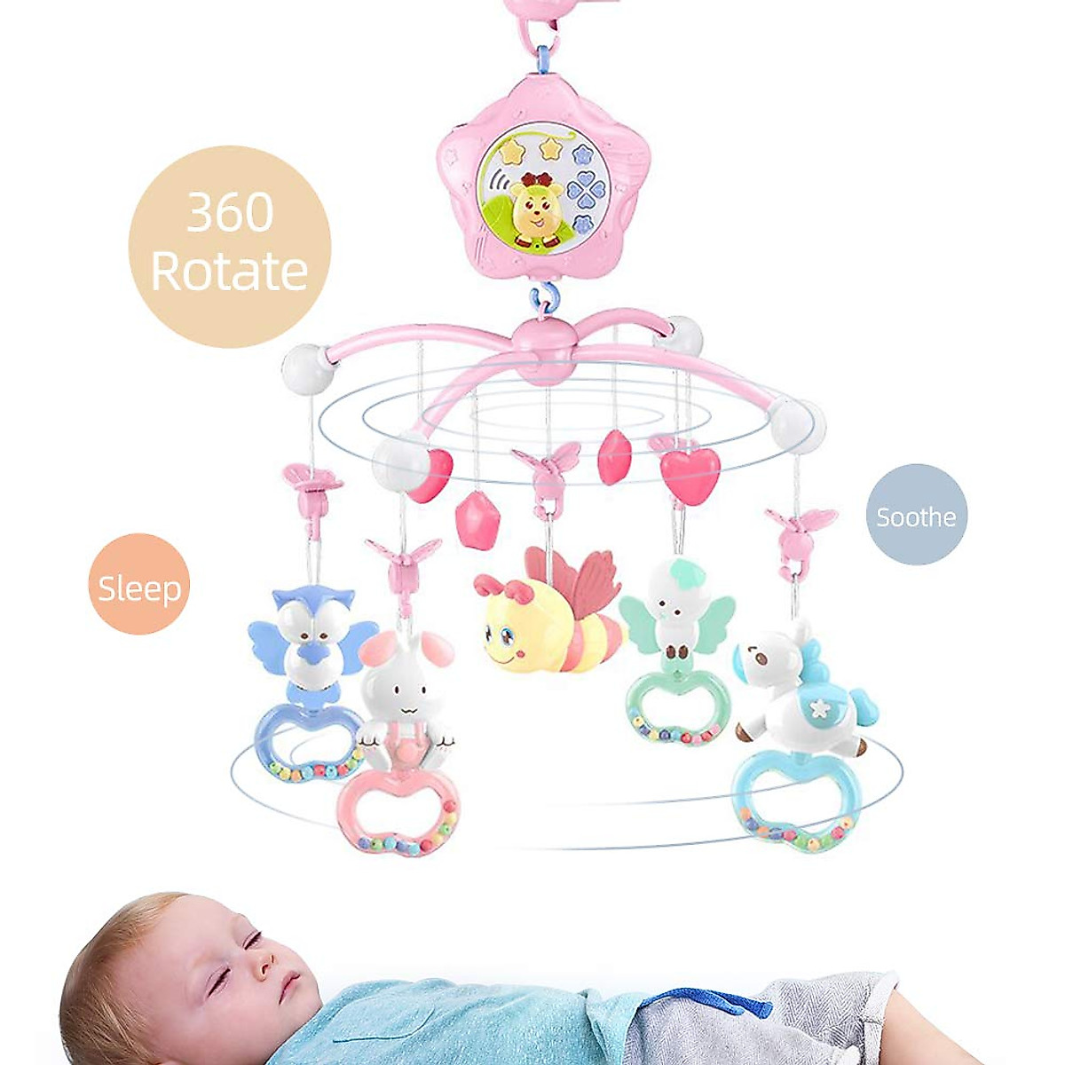 Baby Mobile for Crib with Music and Lights, Remote and Projection. Pack and Play Toys for Ages 0+ Months (Pink-Bee)