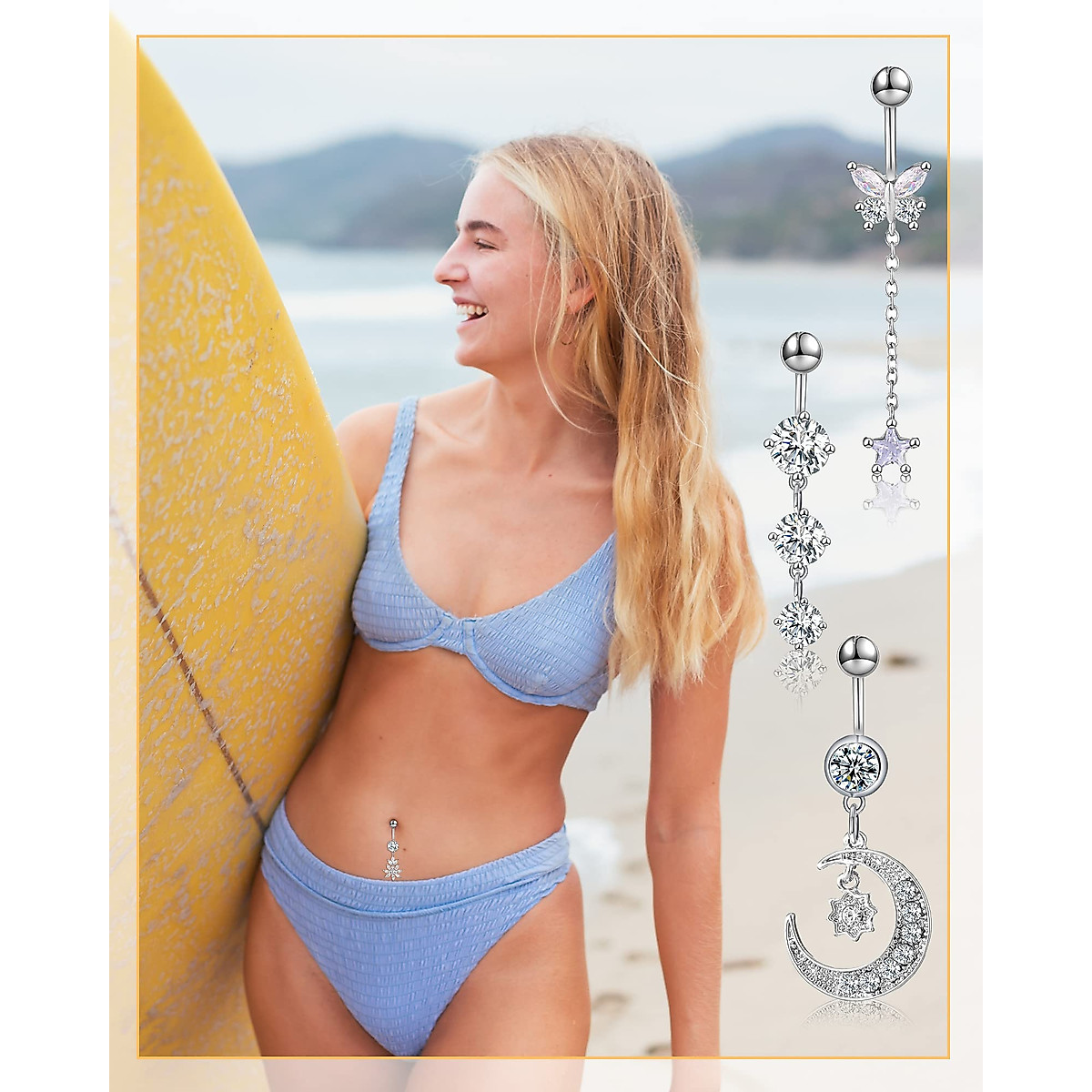 Junkin 20 PCS 14G 316L Stainless Steel Dangle Belly Button Rings Silver Rhinestone Belly Button Jewelry Navel Piercing Belly Jewelry for Women