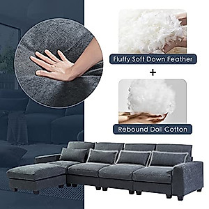 BSYEIO 129.9" Modern Sectional Sofa for Living Room, L Shaped Sofa Couch with Convertible Ottoman Modern Upholstered Sofa Couch with Ottoman Waist Pillows - Grey