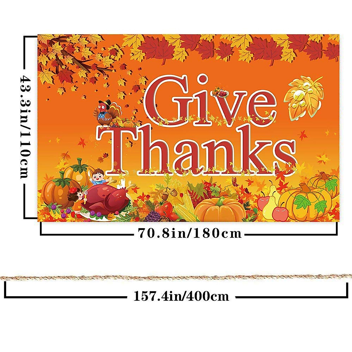 GIVE Thanks Extra Large Fabric Sign Poster Banner Backdrop for Thanksgiving Day Party Decorations with Pattern Pumpkin Maple Leaf Turkey Corn Fruit Welcome Autumn Hang Outdoor Indoor 43.3"x70.8"