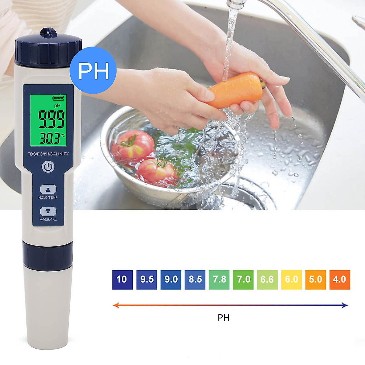 Zyyini EZ‑9909SP 5 in 1 Water Quality Test Pen for pH, EC, TDS, Salinity and Temperature IP 67 Waterproof and dustproof Automatic Recognition