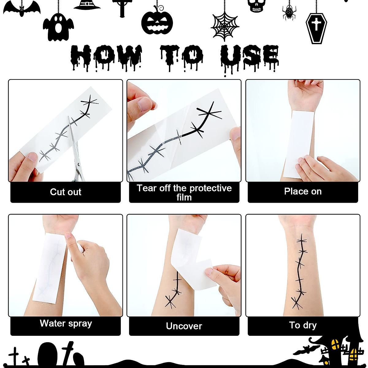 48 Sheets Halloween Stitches Tattoo Stickers Fake Scars Temporary Tattoos Horror Cosplay Accessories for Adult Kids Girls Gifts Halloween Party Decor