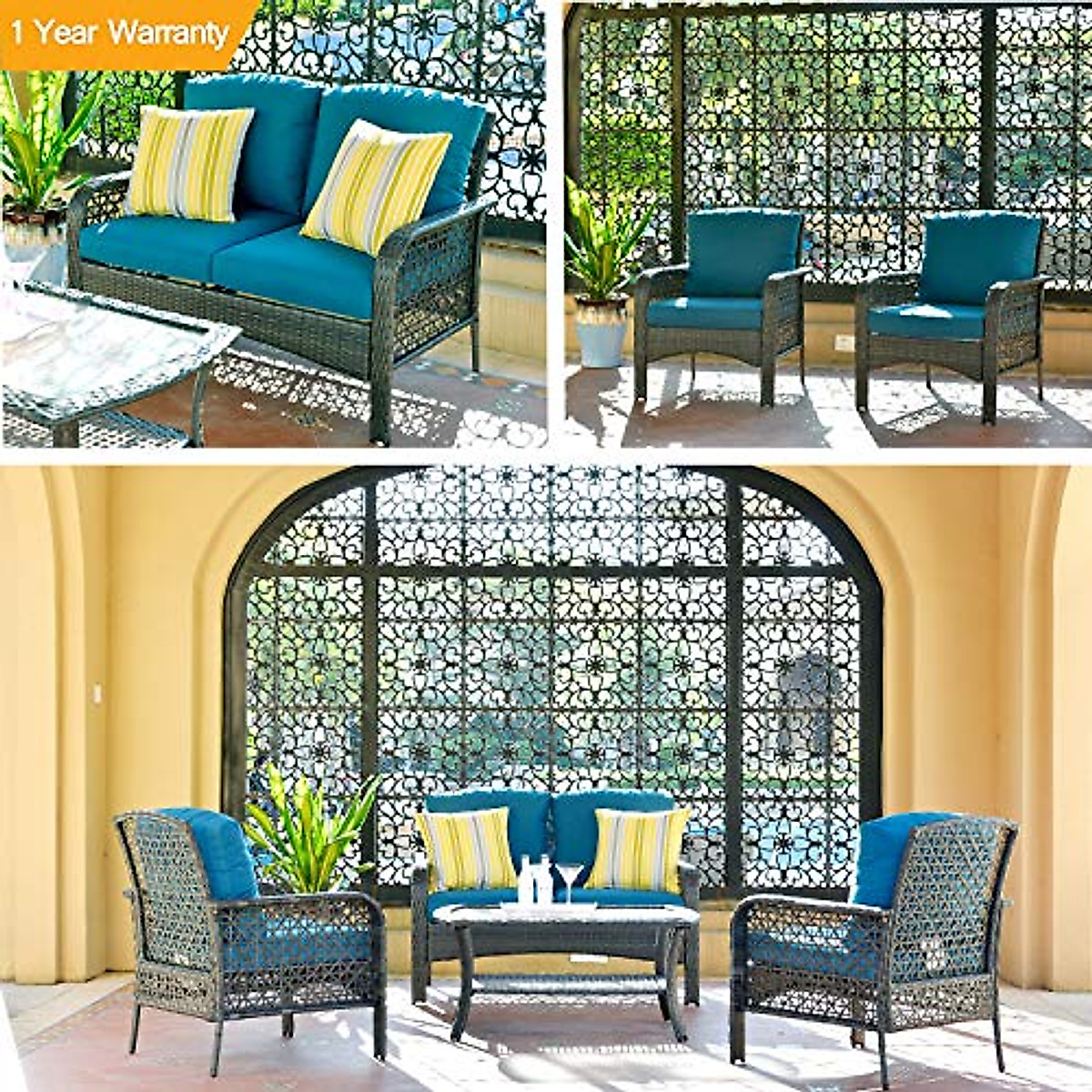 ovios Patio Wicker Outdoor Furniture Sets, Outdoor Patio Furniture Sets, All Weather Patio Furniture, Rattan Wicker Conversation Set with Cushions and Coffee Table (Gray Wicker + Blue Cushion)