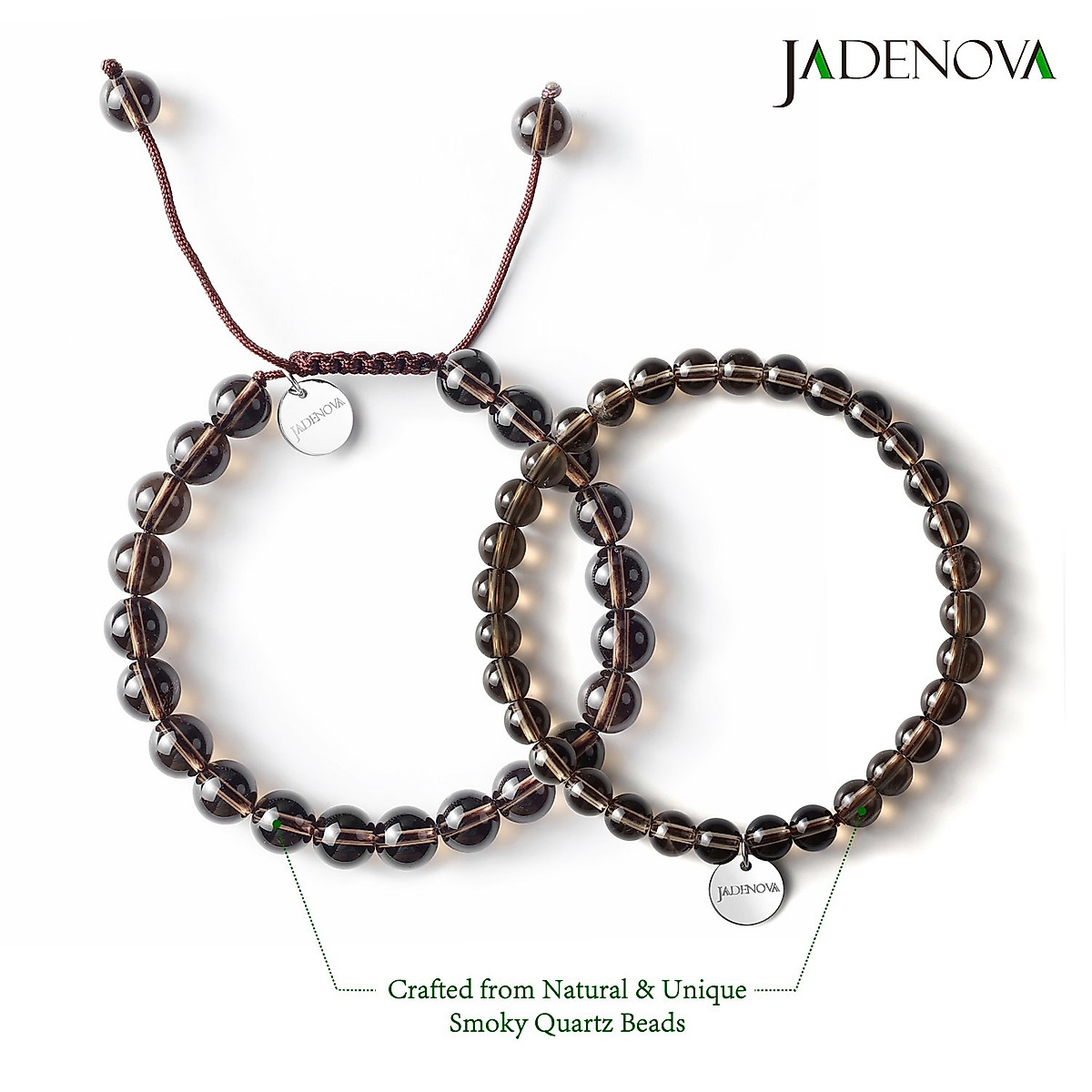 JADENOVA 6/8mm Natural Smoky Quartz Gemstone Bracelets Round Beads Stretch Bracelet Adjustable Beaded Bracelet Couple Distance Bracelets Unisex (2pcs Bracelet Set)