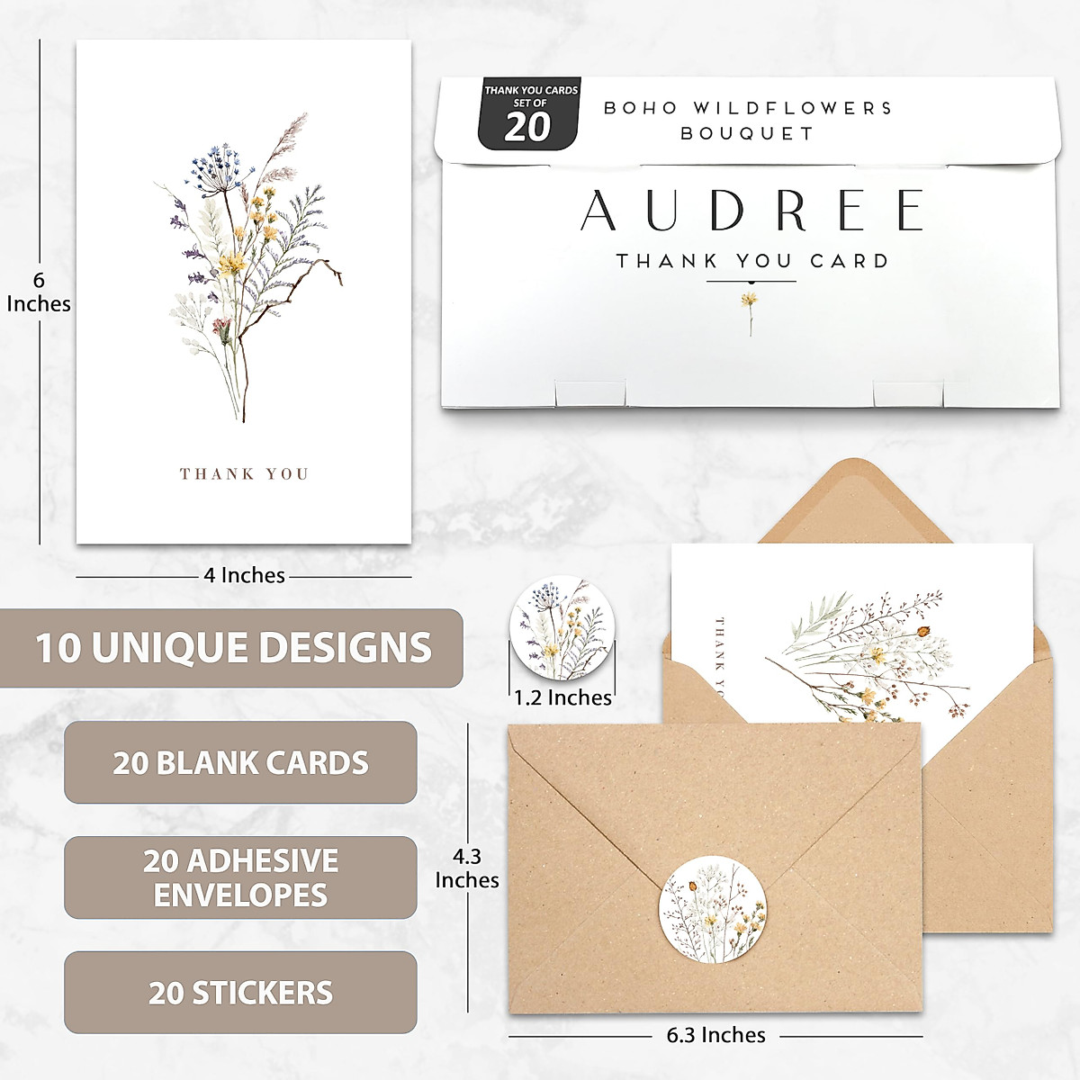 Wildflower Thank You Cards with Envelopes (20 pack 4"x6") - Floral Thank You Cards with Adhesive Envelope & Matching Stickers - Thank You Cards for Birthday, Wedding, Bridal Showers, Baby Showers